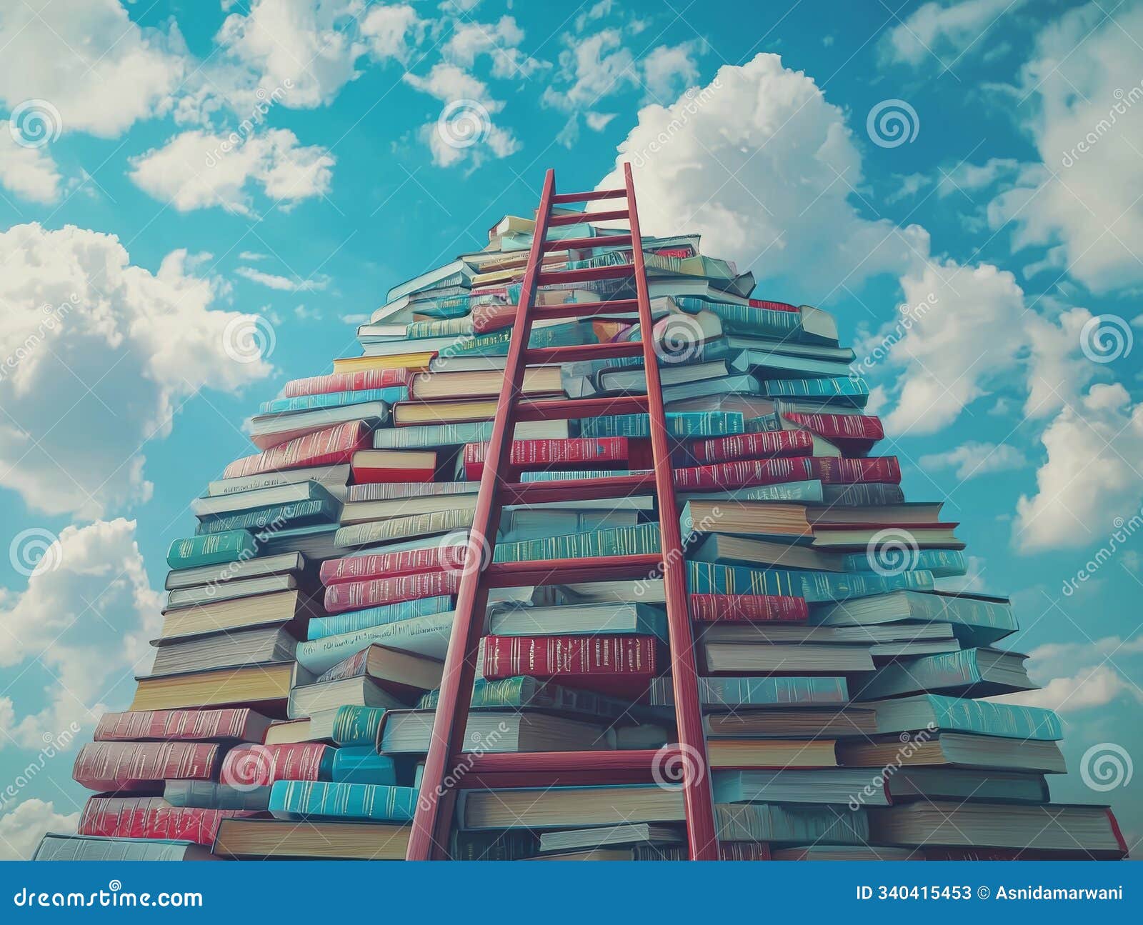Abstract Book Stack with Ladder on Sky with Clouds Background. Stock ...