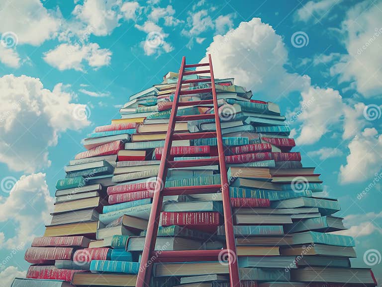 Abstract Book Stack with Ladder on Sky with Clouds Background. Stock ...