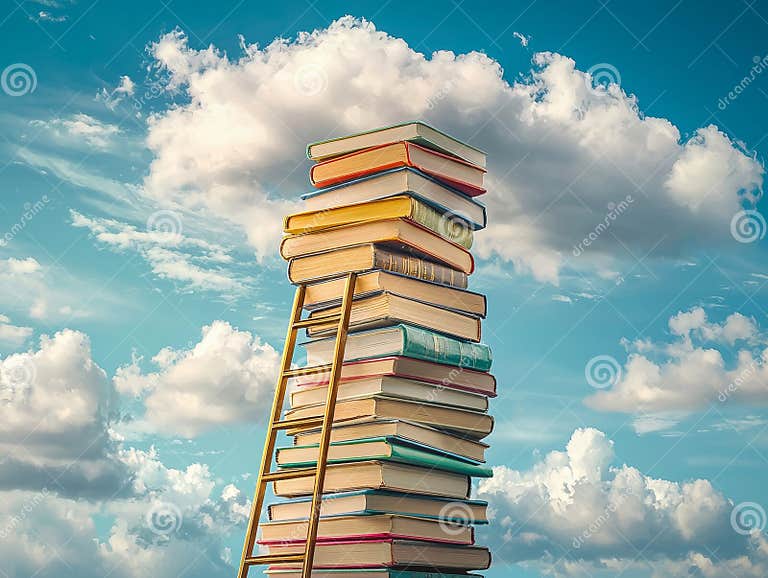 Abstract Book Stack with Ladder on Sky with Clouds Background. - Ai ...