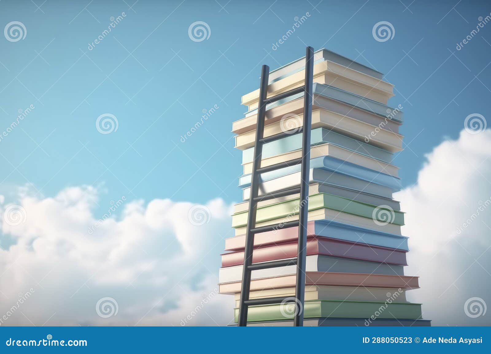Abstract Book Stack with Ladder on Sky with Clouds Background. Ladder ...