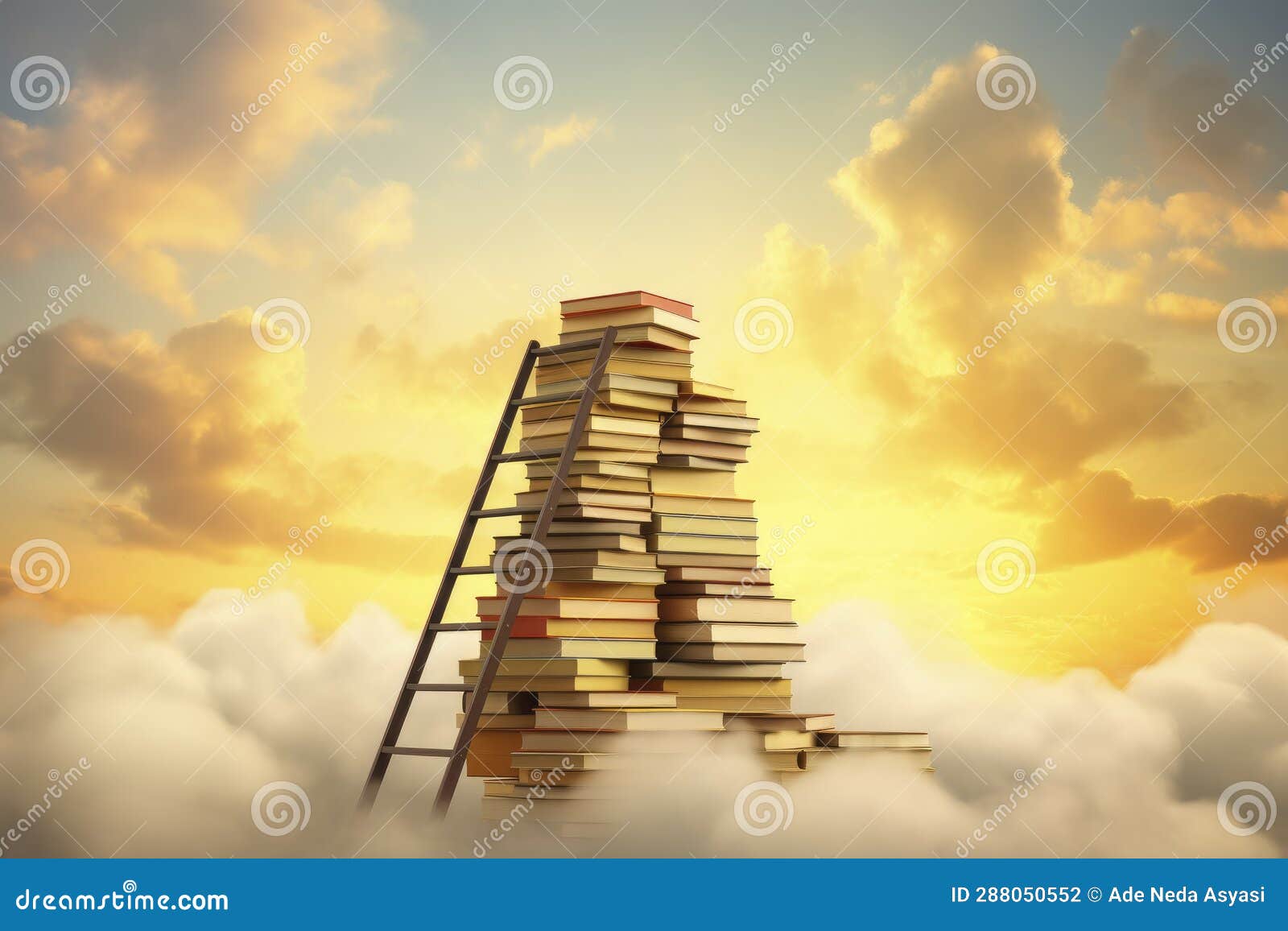 Abstract Book Stack with Ladder on Sky with Clouds Background. Ladder ...
