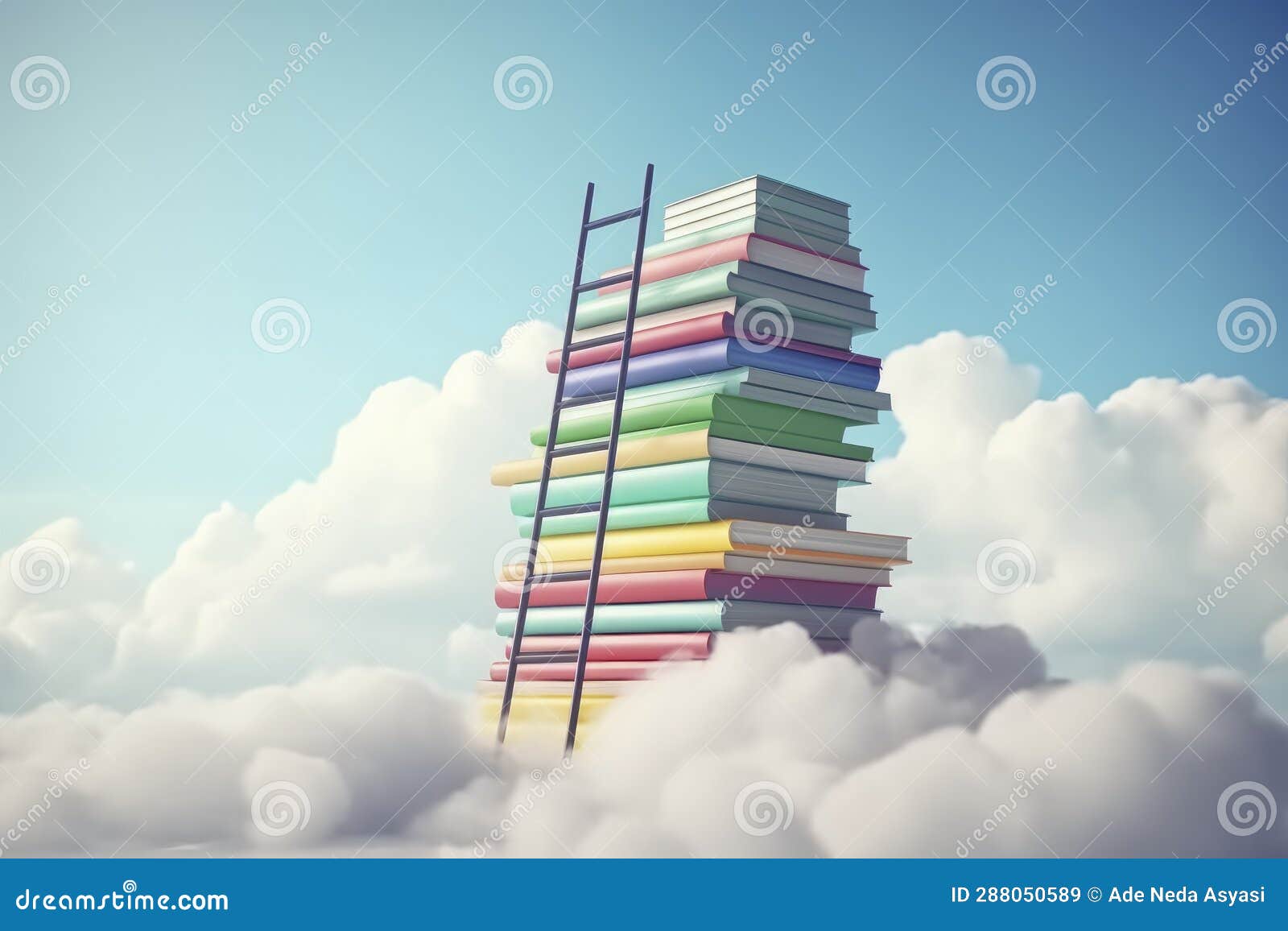 Abstract Book Stack with Ladder on Sky with Clouds Background. Ladder ...