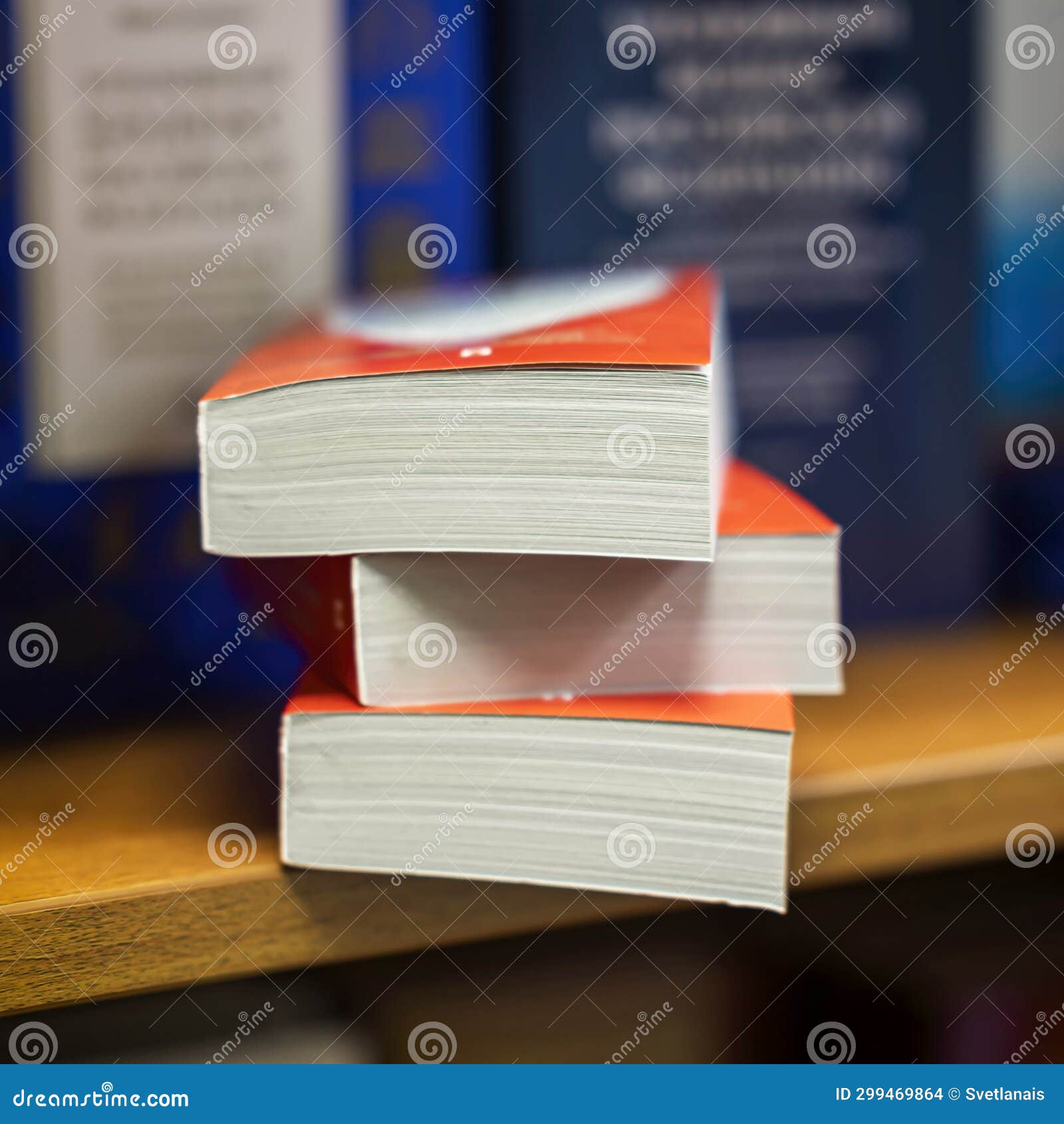 Abstract Bookstore. Book Stack on Wood Bookshelf, Blurred Background ...
