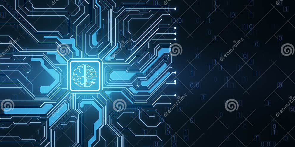 Abstract Brain and Binary Code Circuit on Blue Background. Chip, Data, Ai, and Future Concept ...