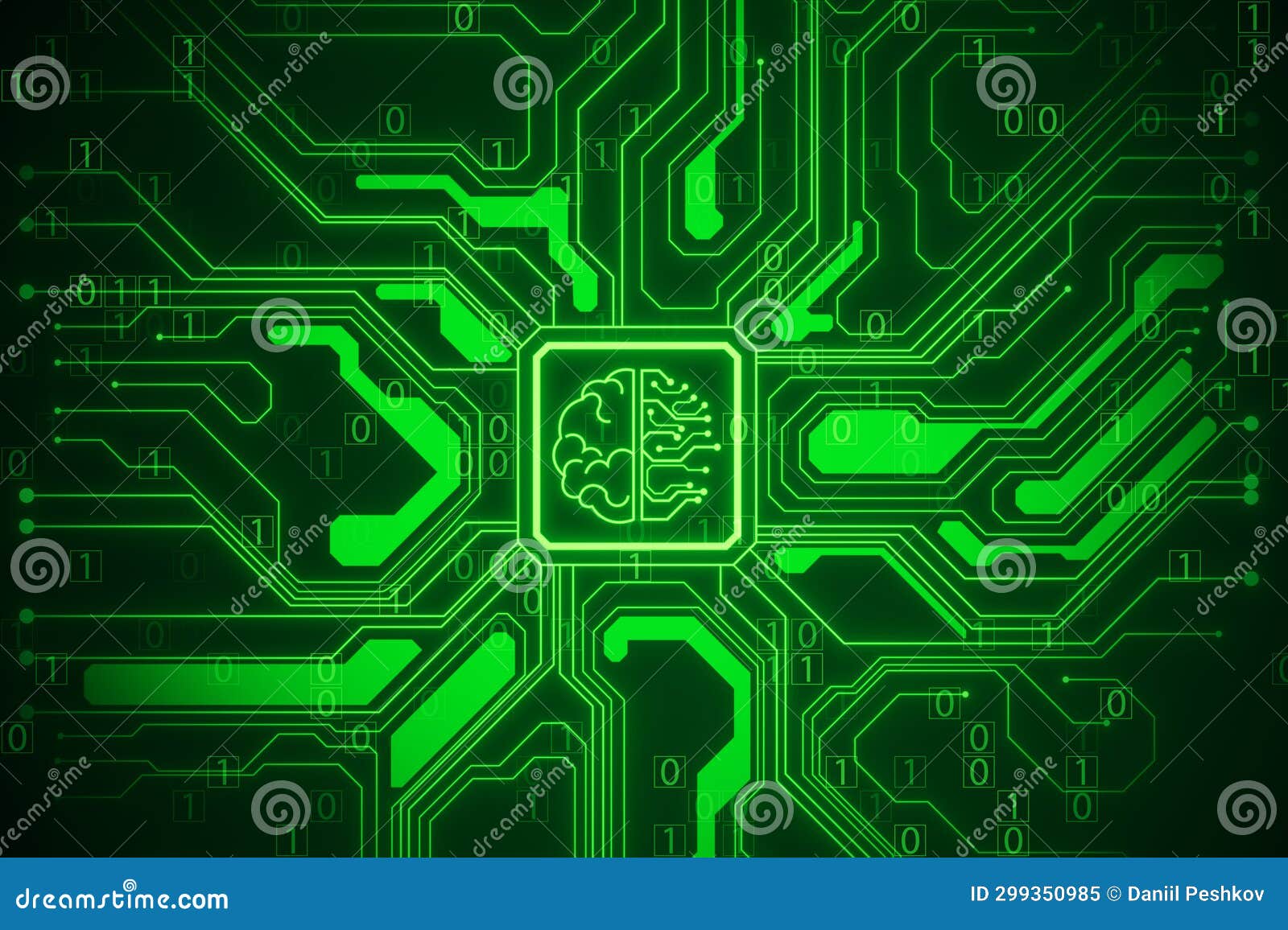 Abstract Brain and Binary Code Circuit on Green Background. Chip, Data, Ai, and Future Concept ...