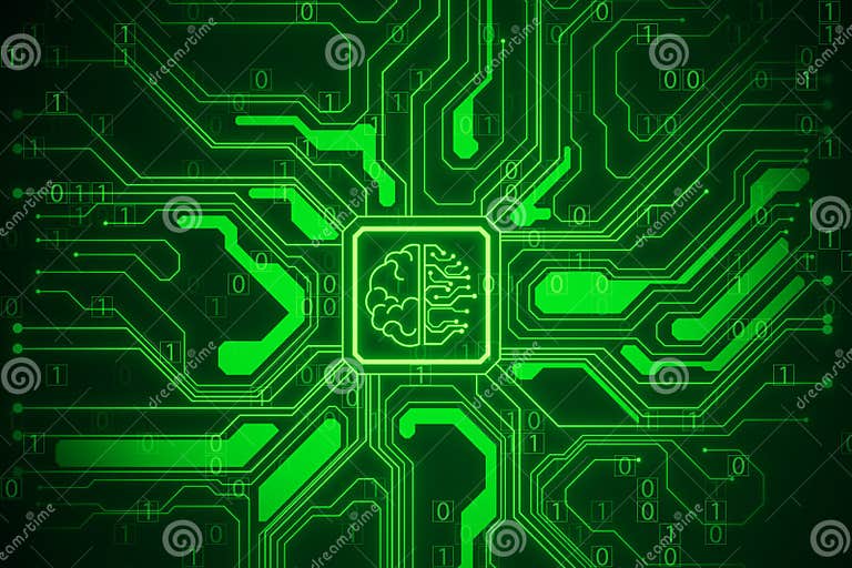 Abstract Brain and Binary Code Circuit on Green Background. Chip, Data, Ai, and Future Concept ...