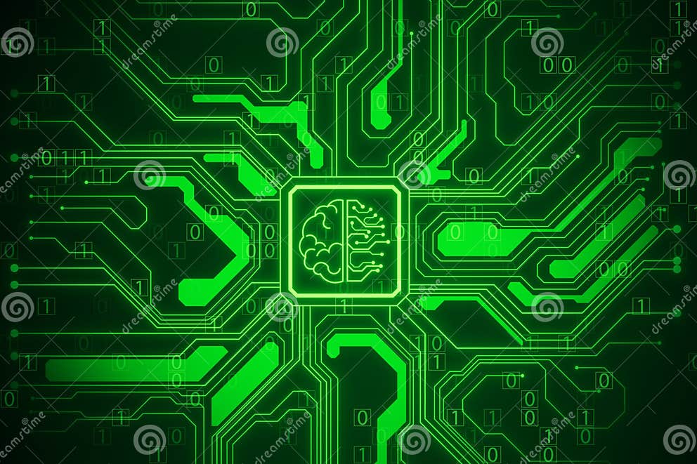 Abstract Brain and Binary Code Circuit on Green Background. Chip, Data, Ai, and Future Concept ...