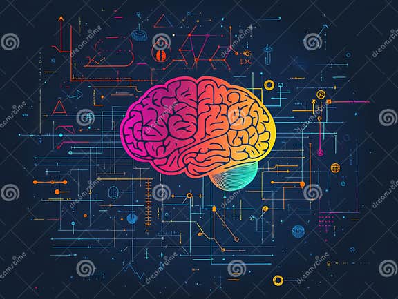 Abstract Brain in a Digital Interface with Scientific Symbols and Data Representing AI Machine ...