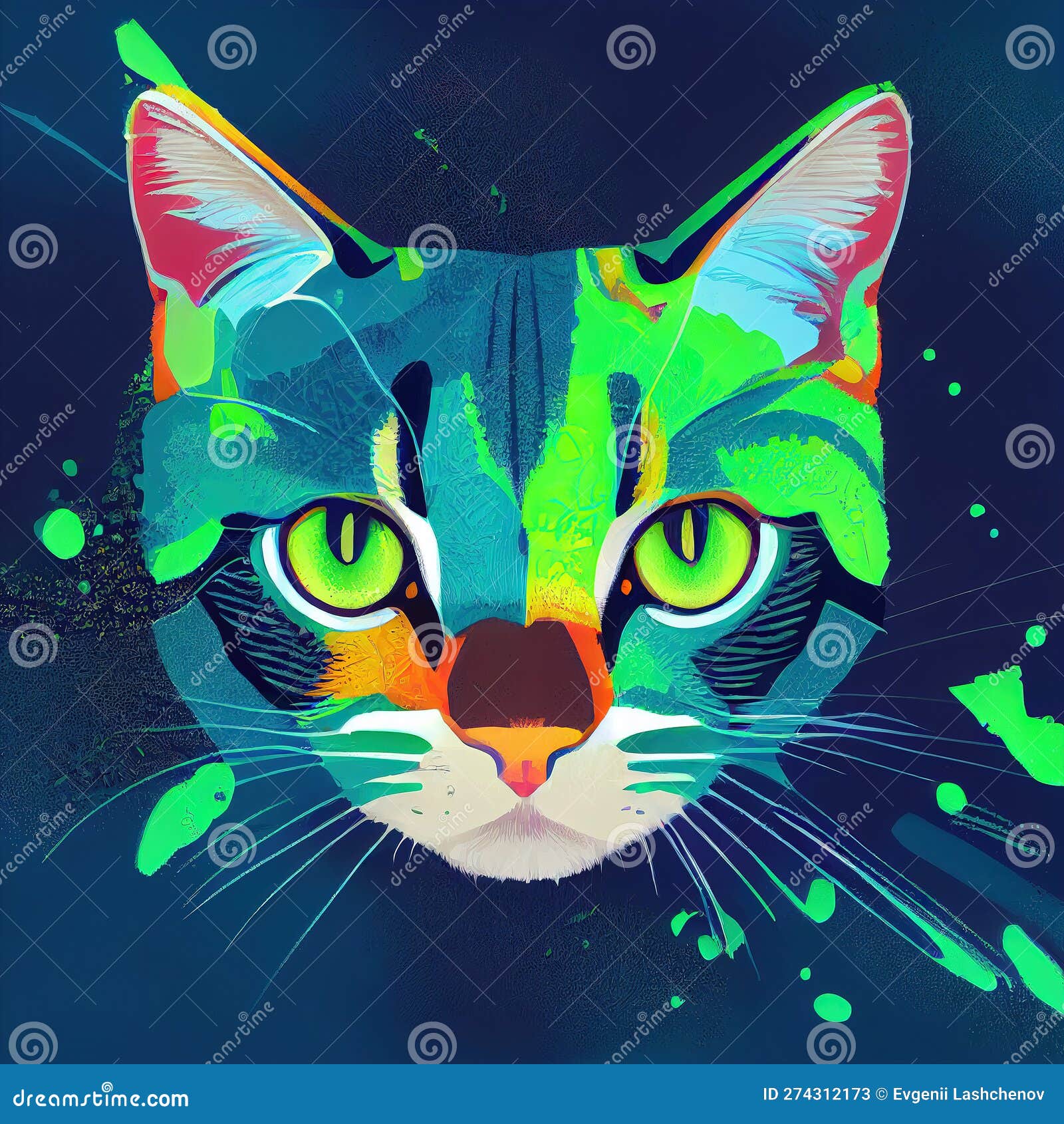 Abstract Bright Colorful Cat Muzzle. Bright Cat Print. Front View. AI ...