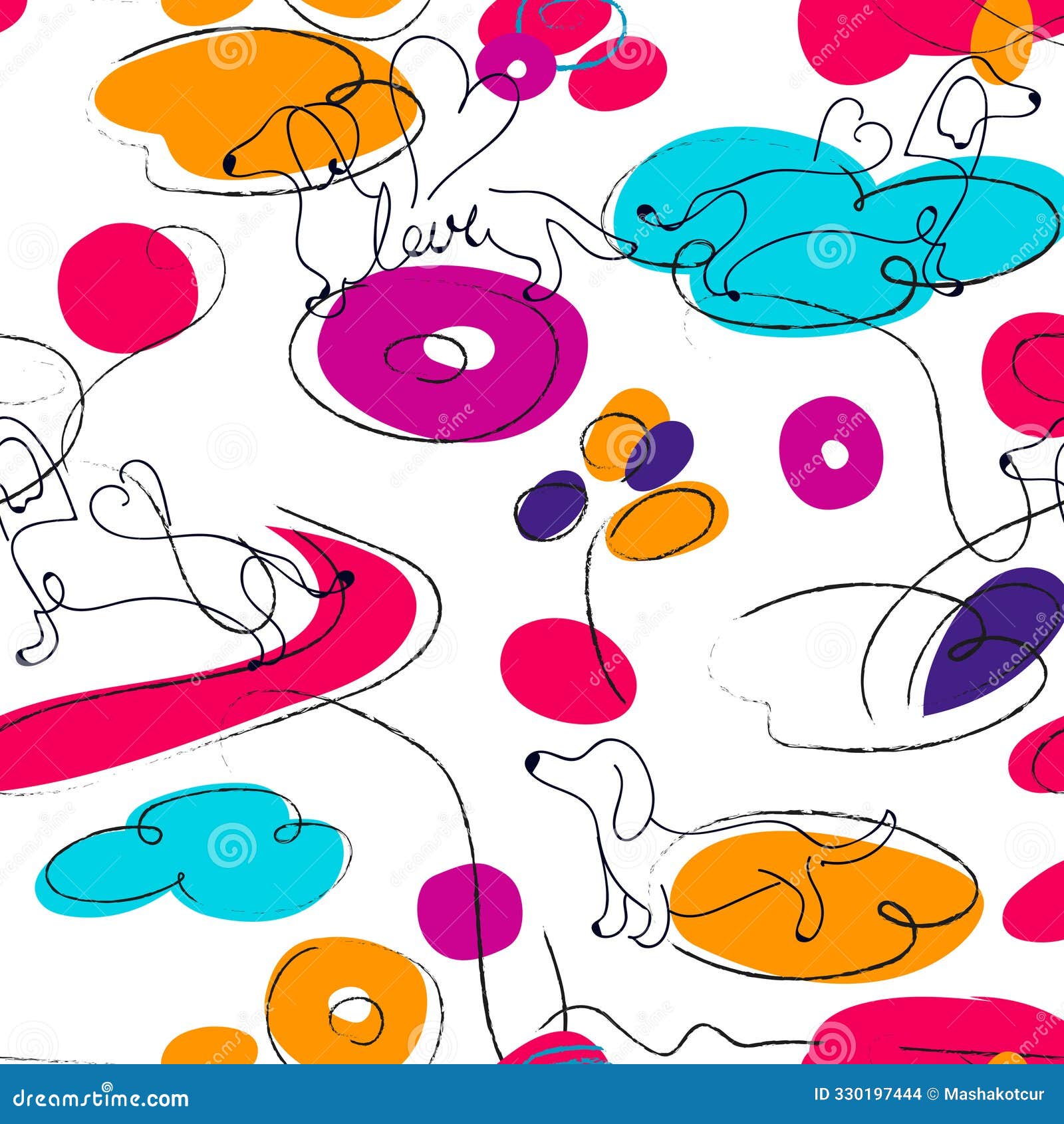 Abstract Bright Pattern with Colorful Modern Spots and Lined Dogs ...