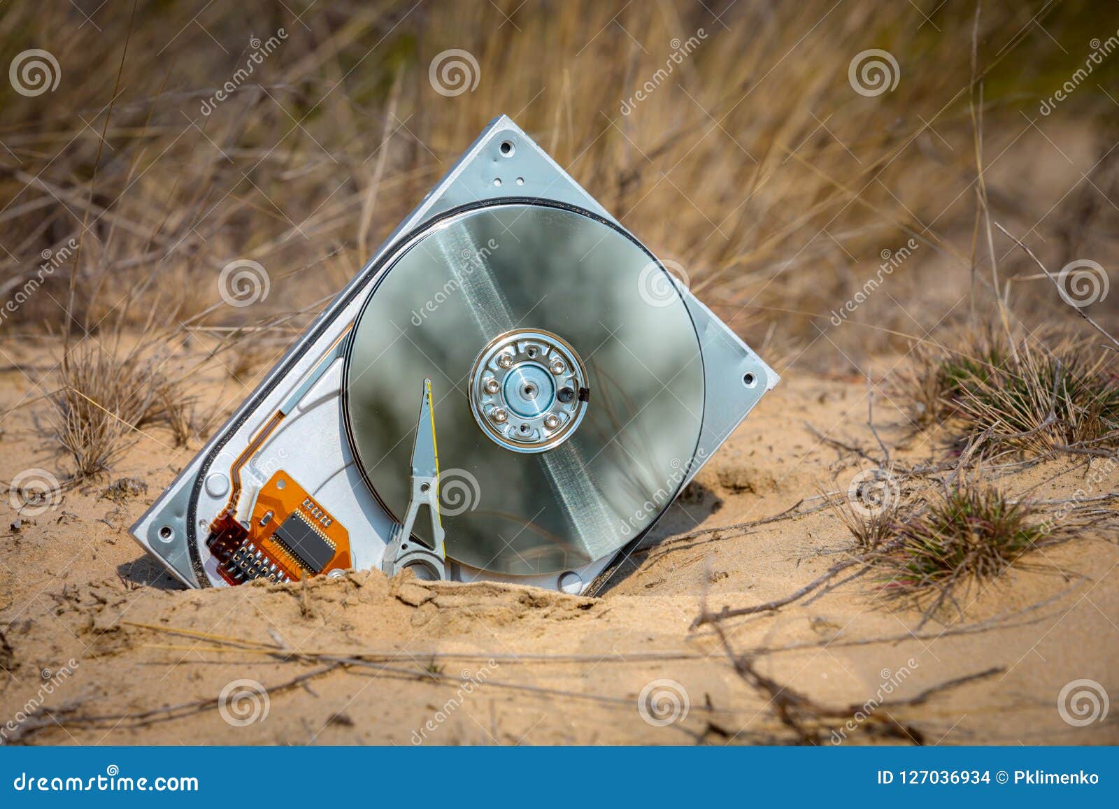 Broken Computer Hard Drive in the Sand Stock Photo - Image of interior ...