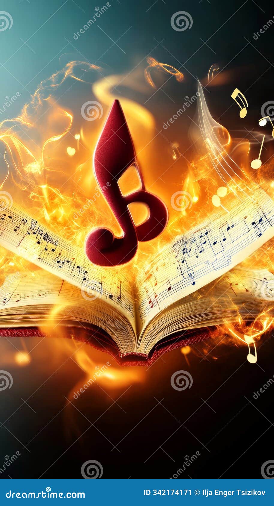 Abstract Burning Music Notes Flow from Open Book, Music Power ...