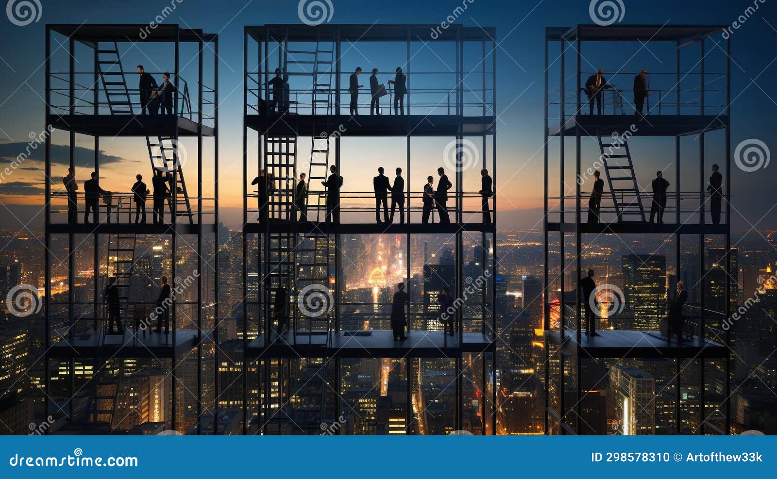Ascend: Silhouetted Figures Climbing Glass Ladder in Contemporary ...