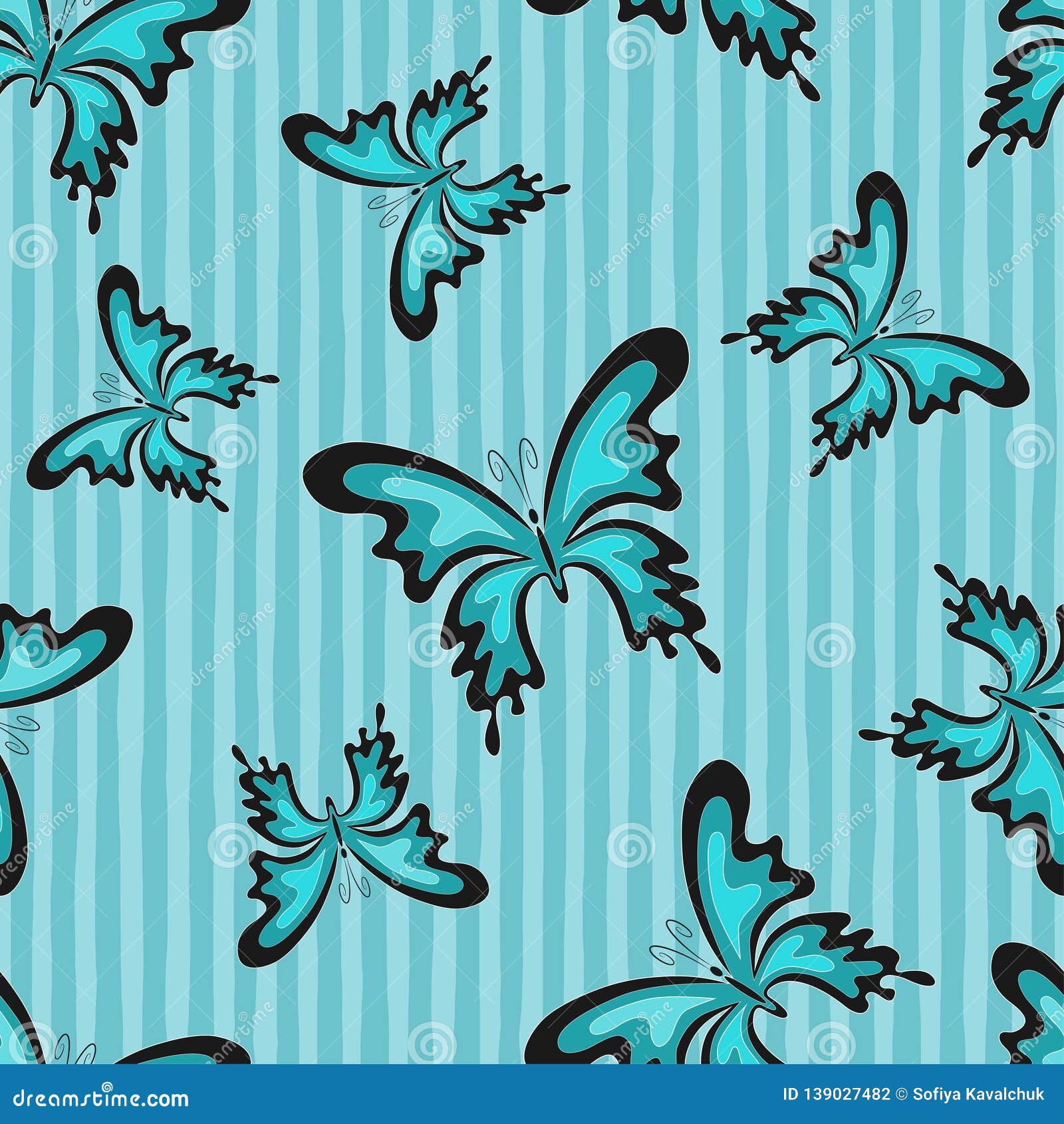 Abstract Butterflys on the Blue Stripes Background. Vector Seamless ...