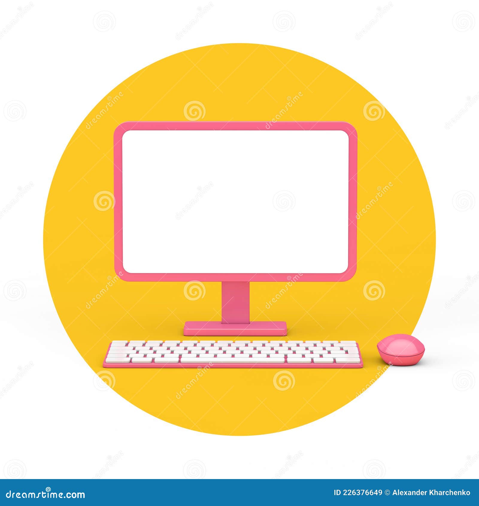 Abstract Cartoon Pink Desktop Computer with Mouse, Keyboard and Blank ...