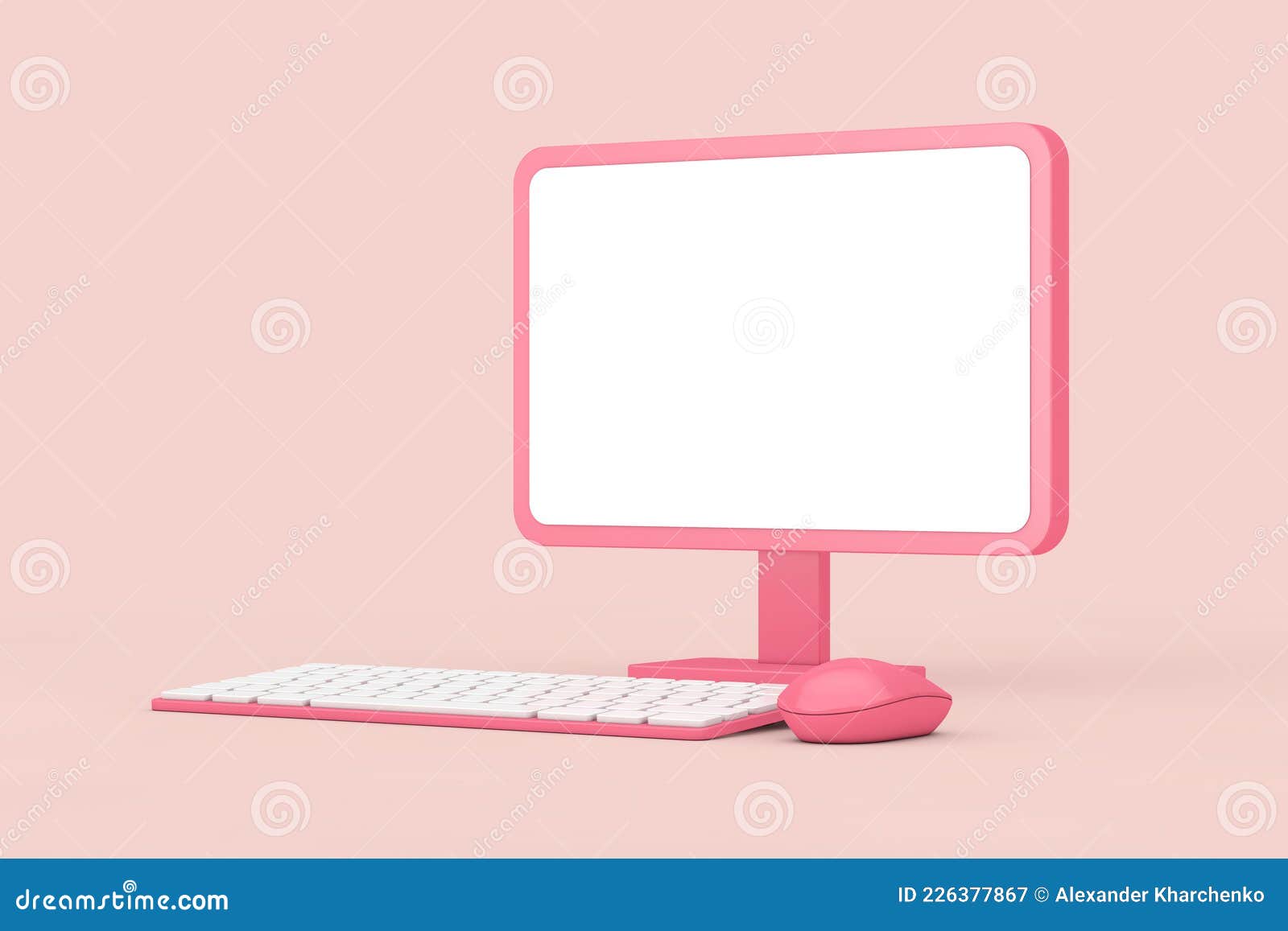 Abstract Cartoon Pink Desktop Computer with Mouse, Keyboard and Blank ...