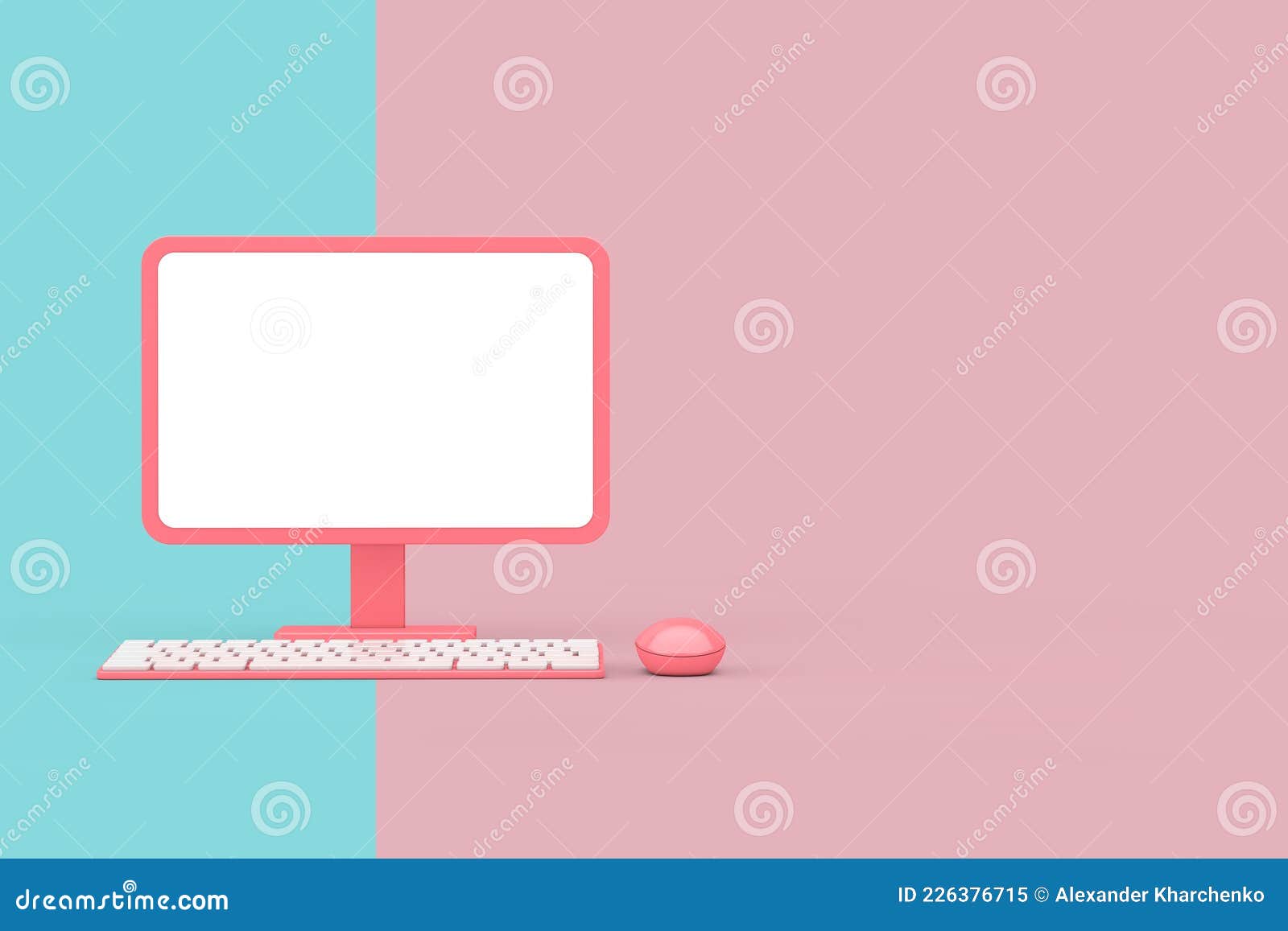 Abstract Cartoon Pink Desktop Computer with Mouse, Keyboard and Blank ...