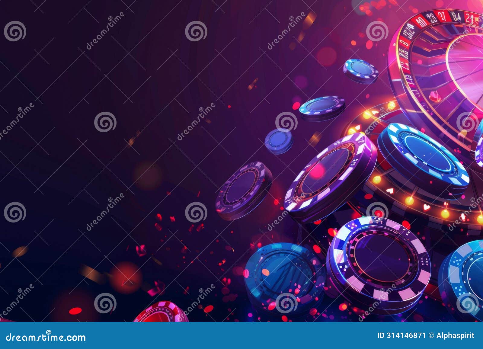 Abstract Casino Themed Background with Roulette Wheel, Poker Chips, and ...