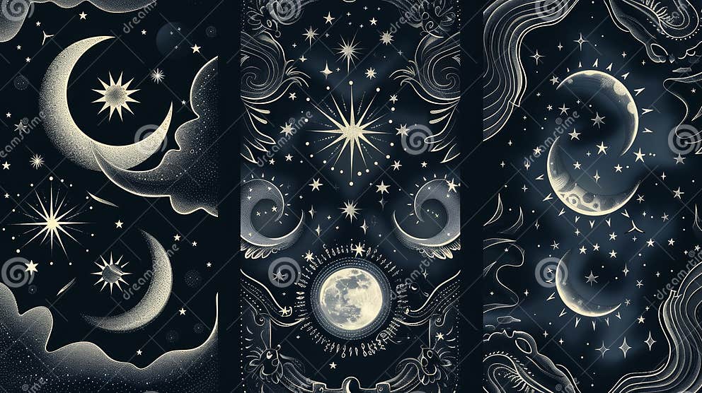 Abstract Celestial Pattern with Crescent Moons, Stars, and Swirling ...