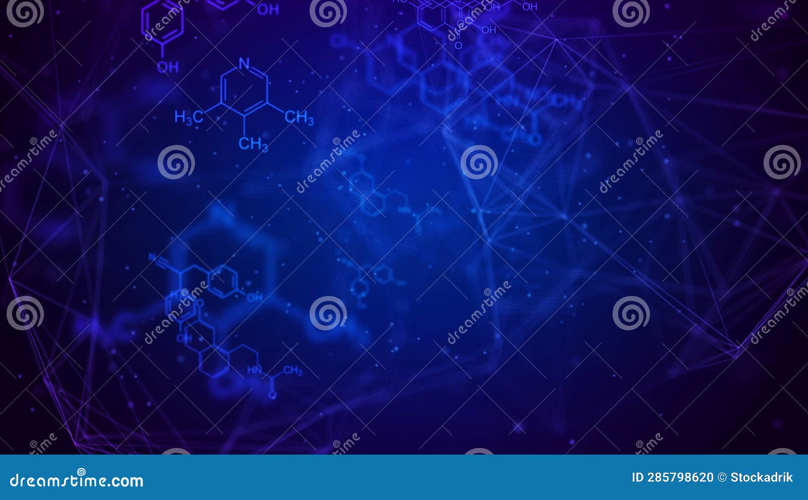 Abstract Chemical Blue Background with Structural Formulas of Molecules ...
