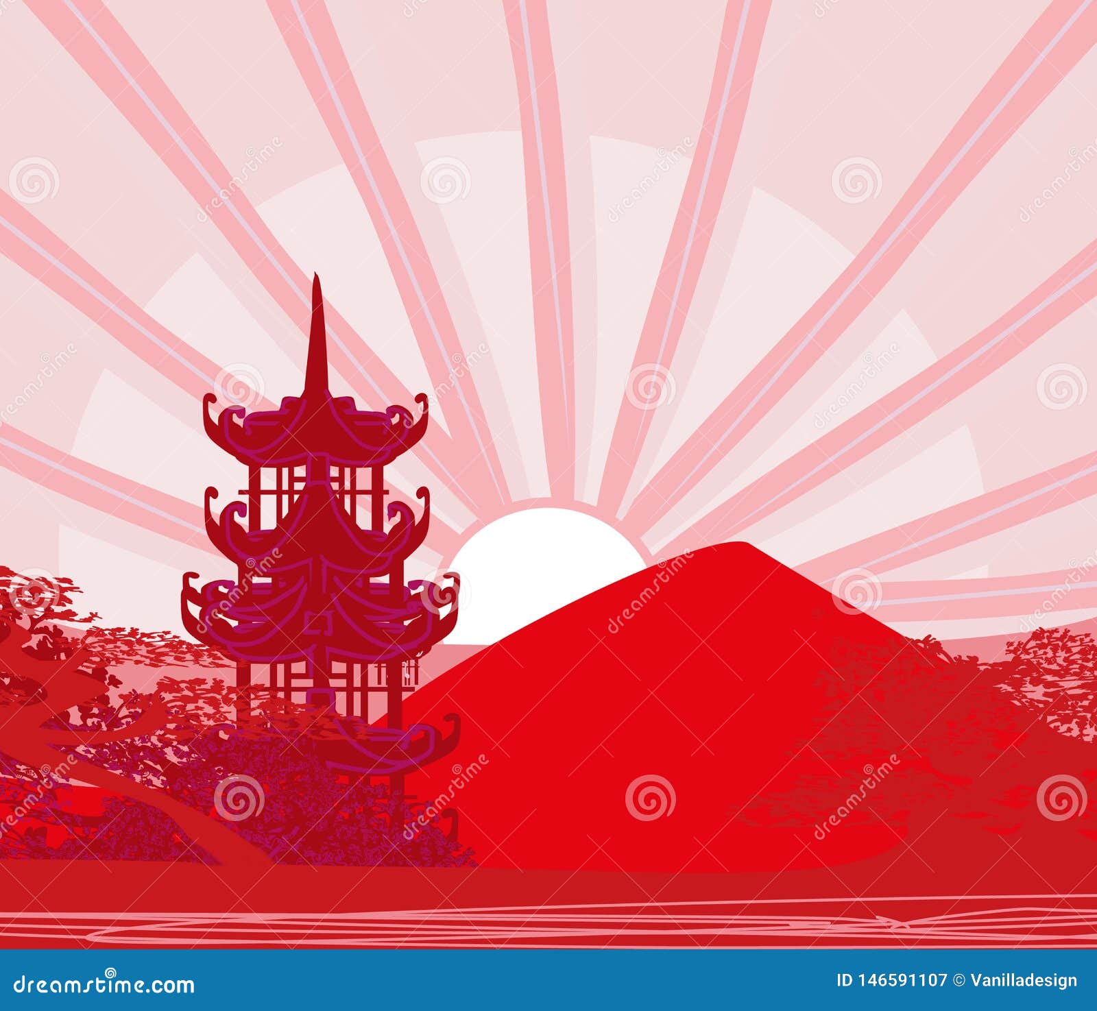 Abstract Chinese Landscape, Illustration of a Sunset Stock Vector ...
