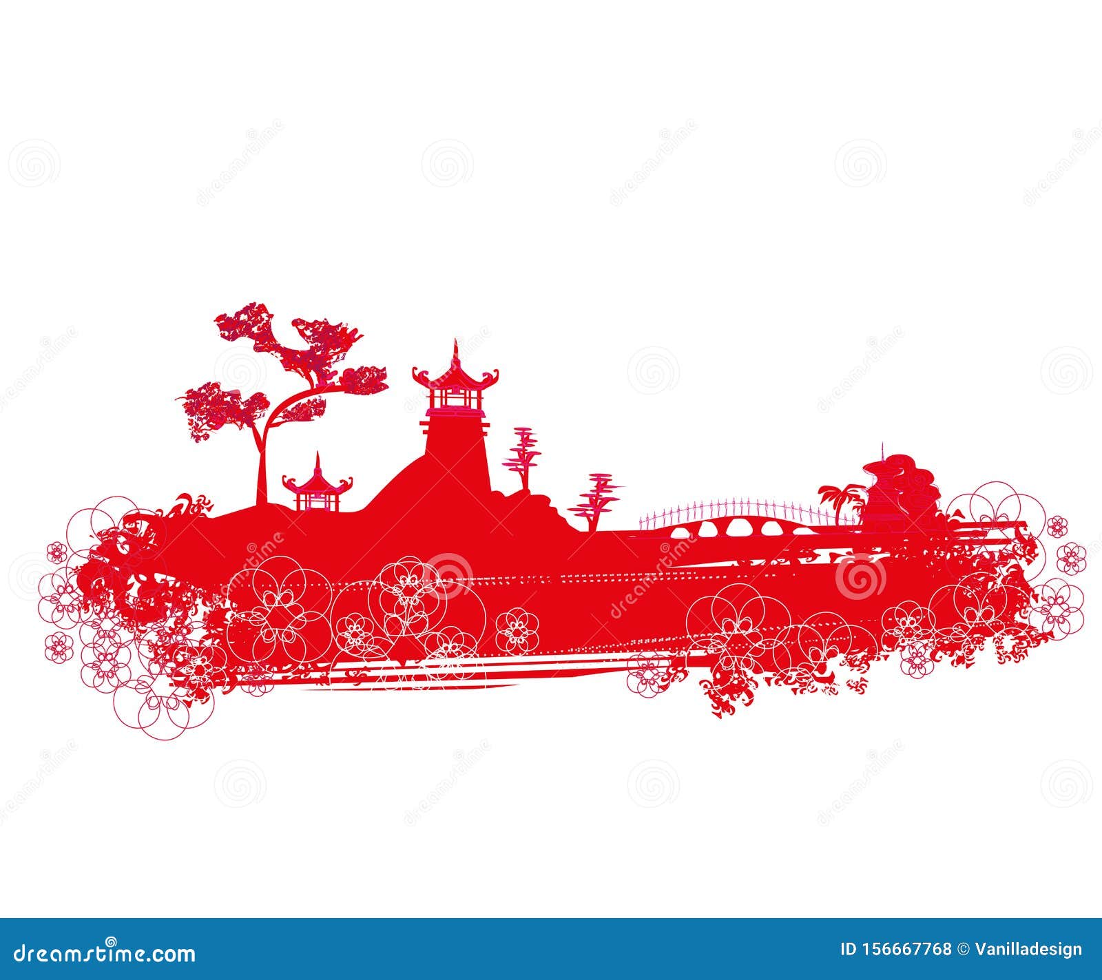 Abstract Chinese Landscape, Red Decorative Illustration Stock Vector ...