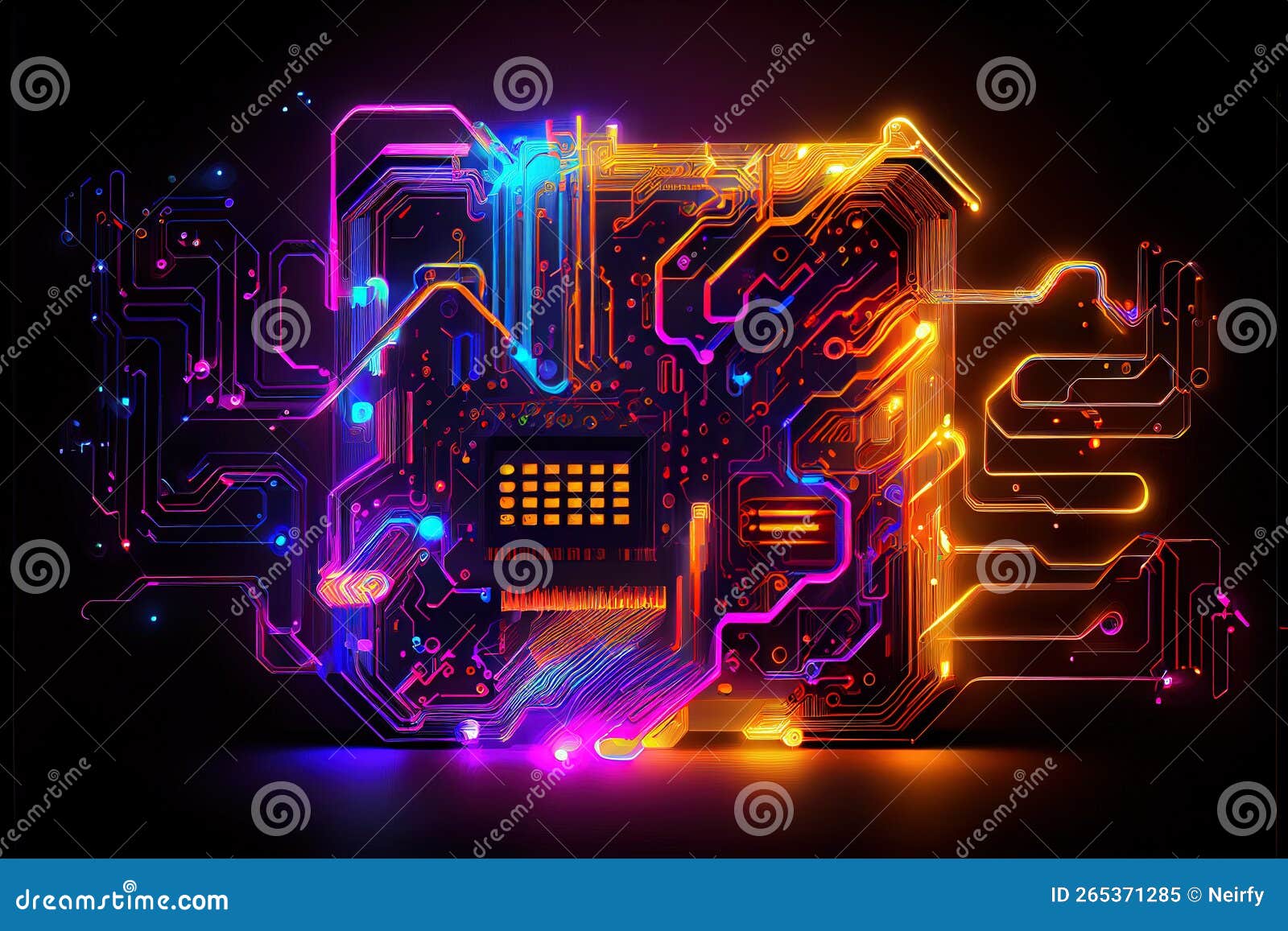 Abstract Circuit with Neon Lights Stock Illustration - Illustration of ...