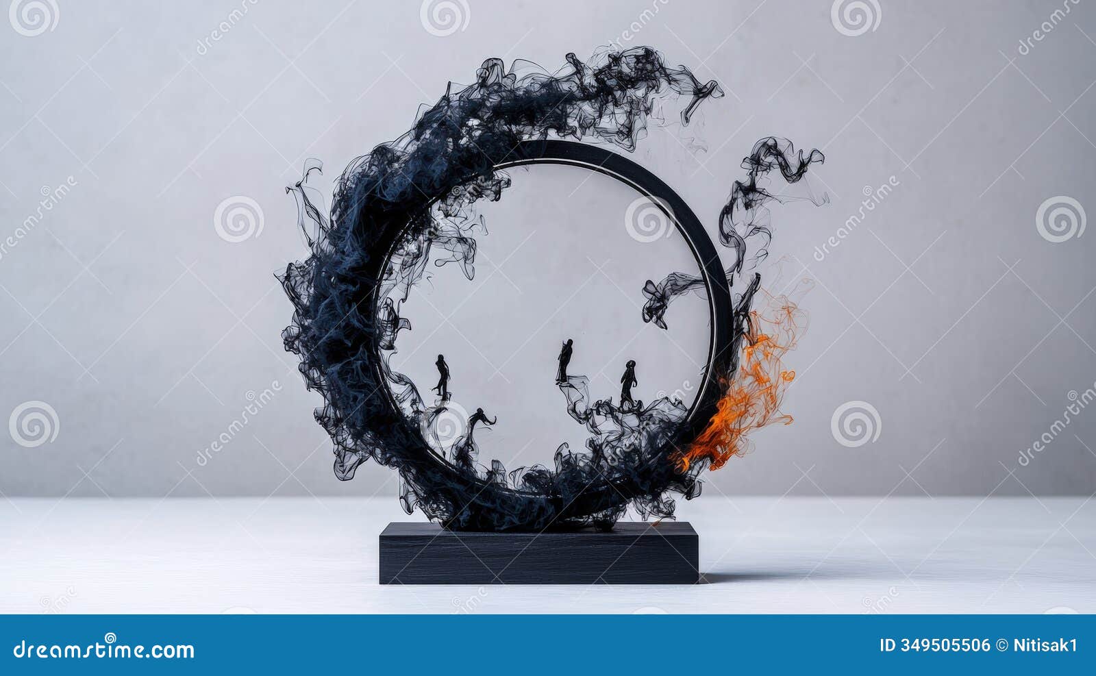 Abstract Circular Design with Black and Orange Smoke Effects on a White ...