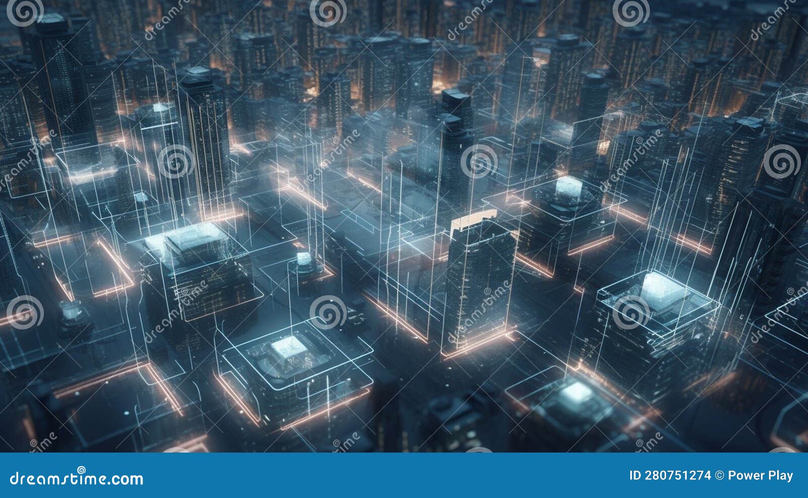 Abstract City Background with High Tech Buildings and Glowing Lines. 3D ...