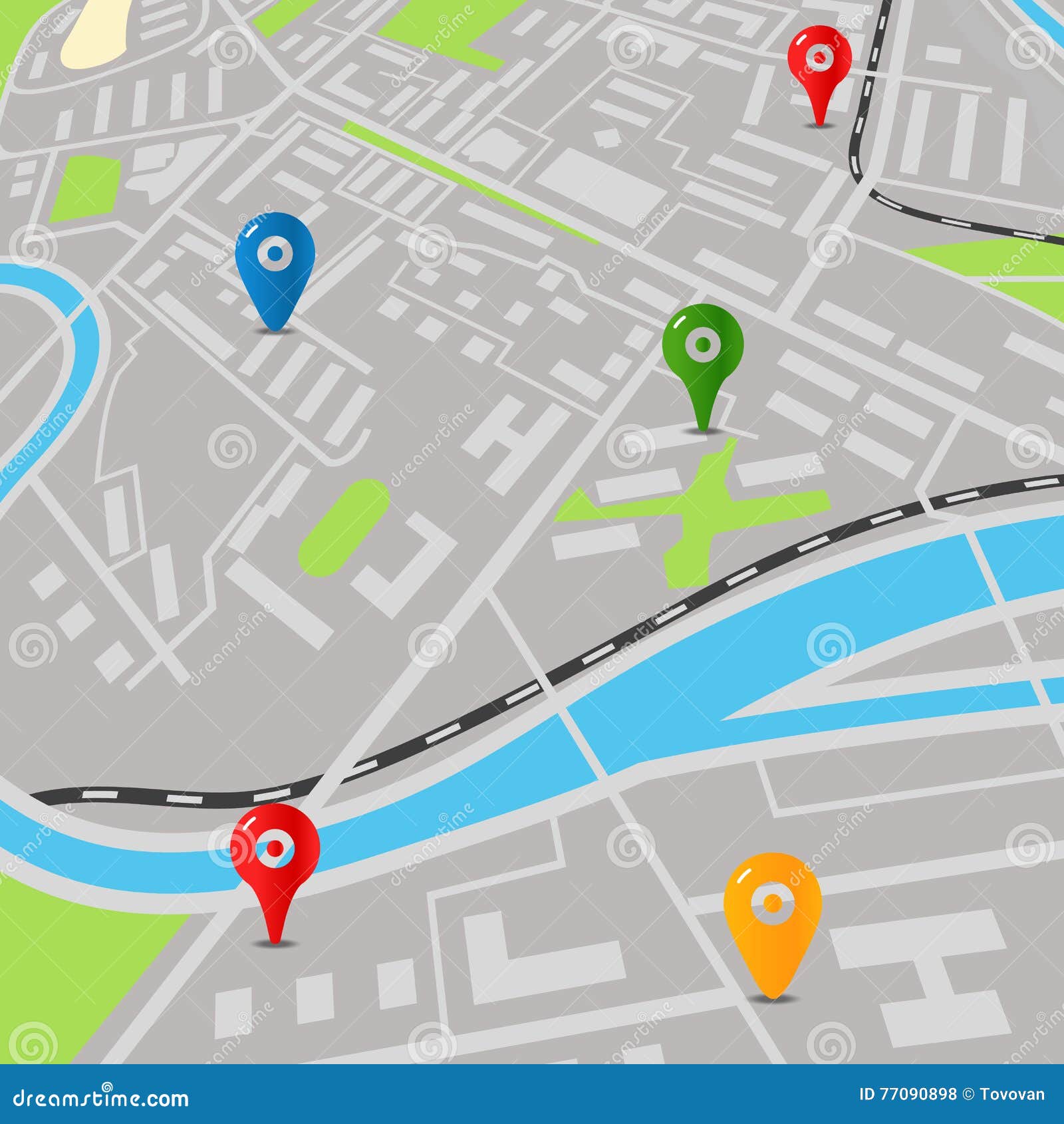 Abstract City Map with Color Pins Stock Vector - Illustration of road ...