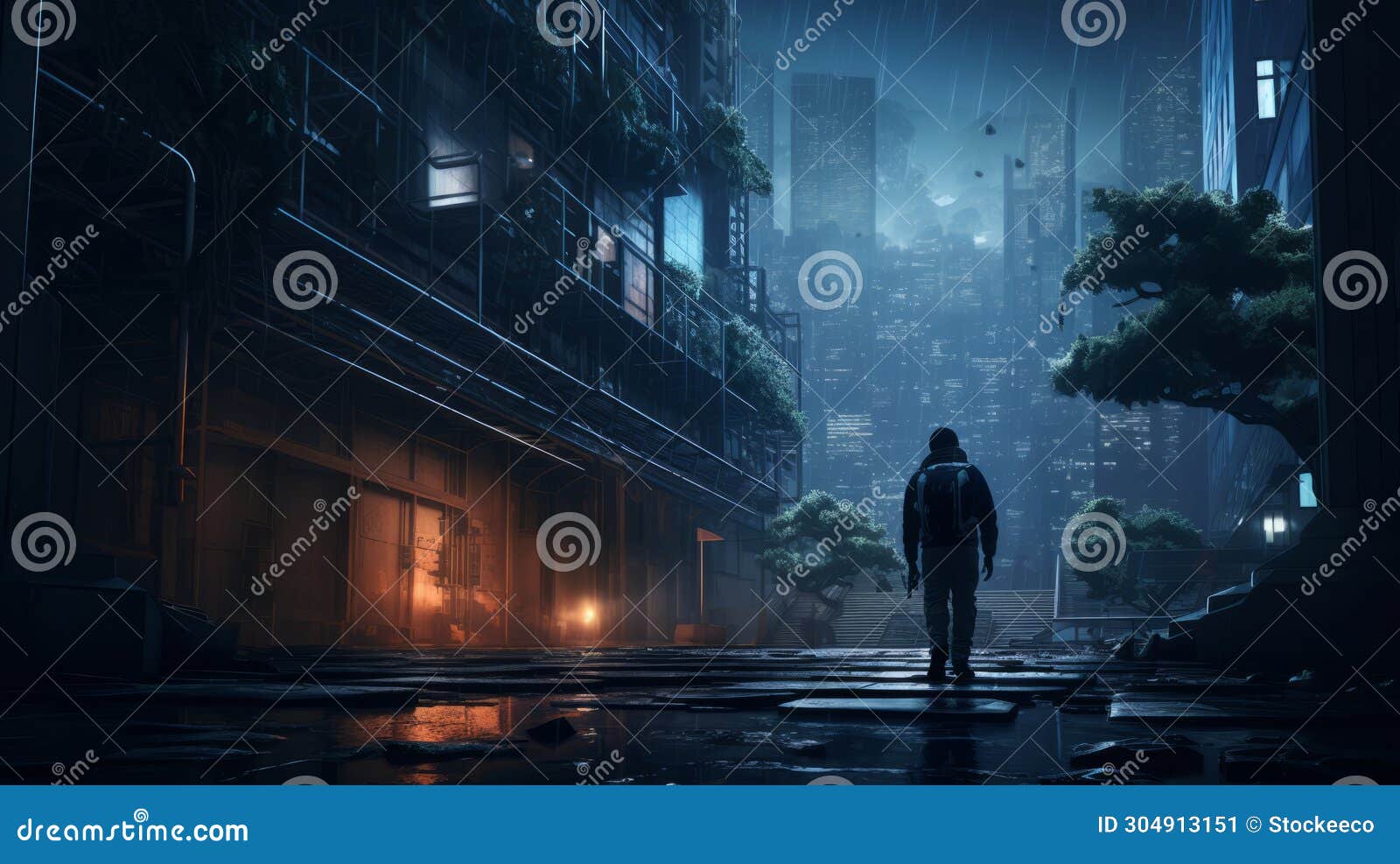 Rainy Cityscape a Vanguard Sneaking in the Night Stock Illustration ...