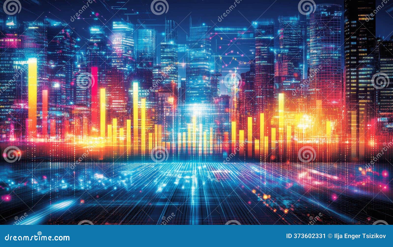 3D Glowing Bar Chart Render On Abstract Blue Grid With Data Analytics Technology Theme Royalty ...