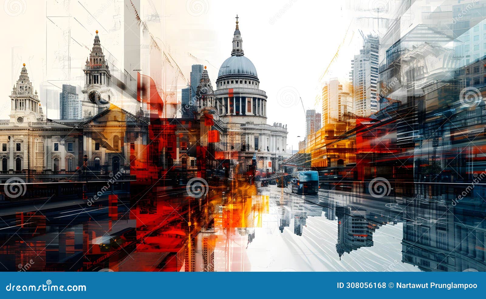 Abstract Cityscape Featuring a Cathedral, Multiple Red Buses, a Car ...