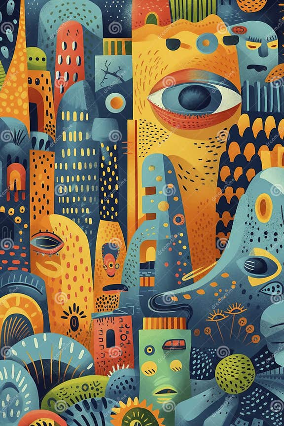Abstract Cityscape with Surreal Faces and Vibrant Patterns Stock Image ...