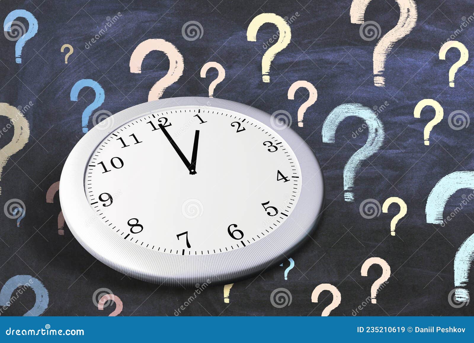 Abstract Clock with Question Marks on Chalkboard Wall Background. Time ...