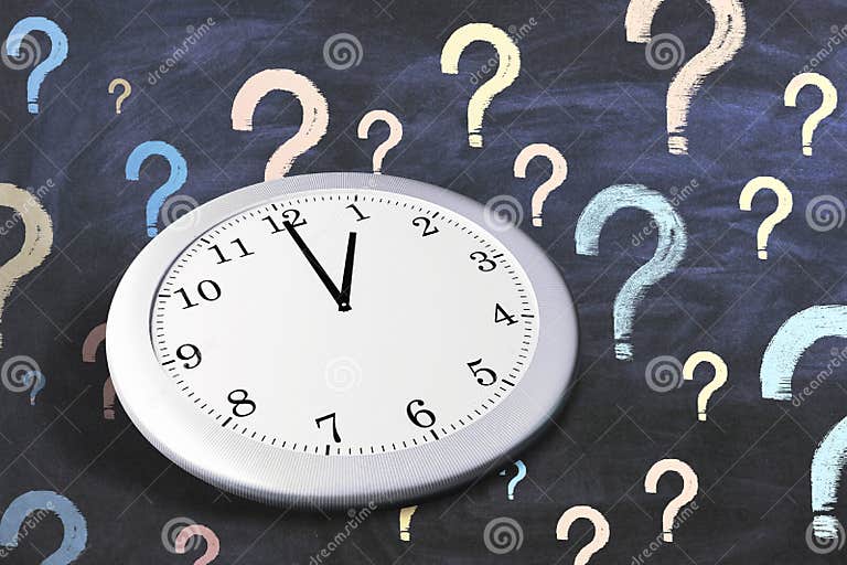 Abstract Clock with Question Marks on Chalkboard Wall Background. Time ...