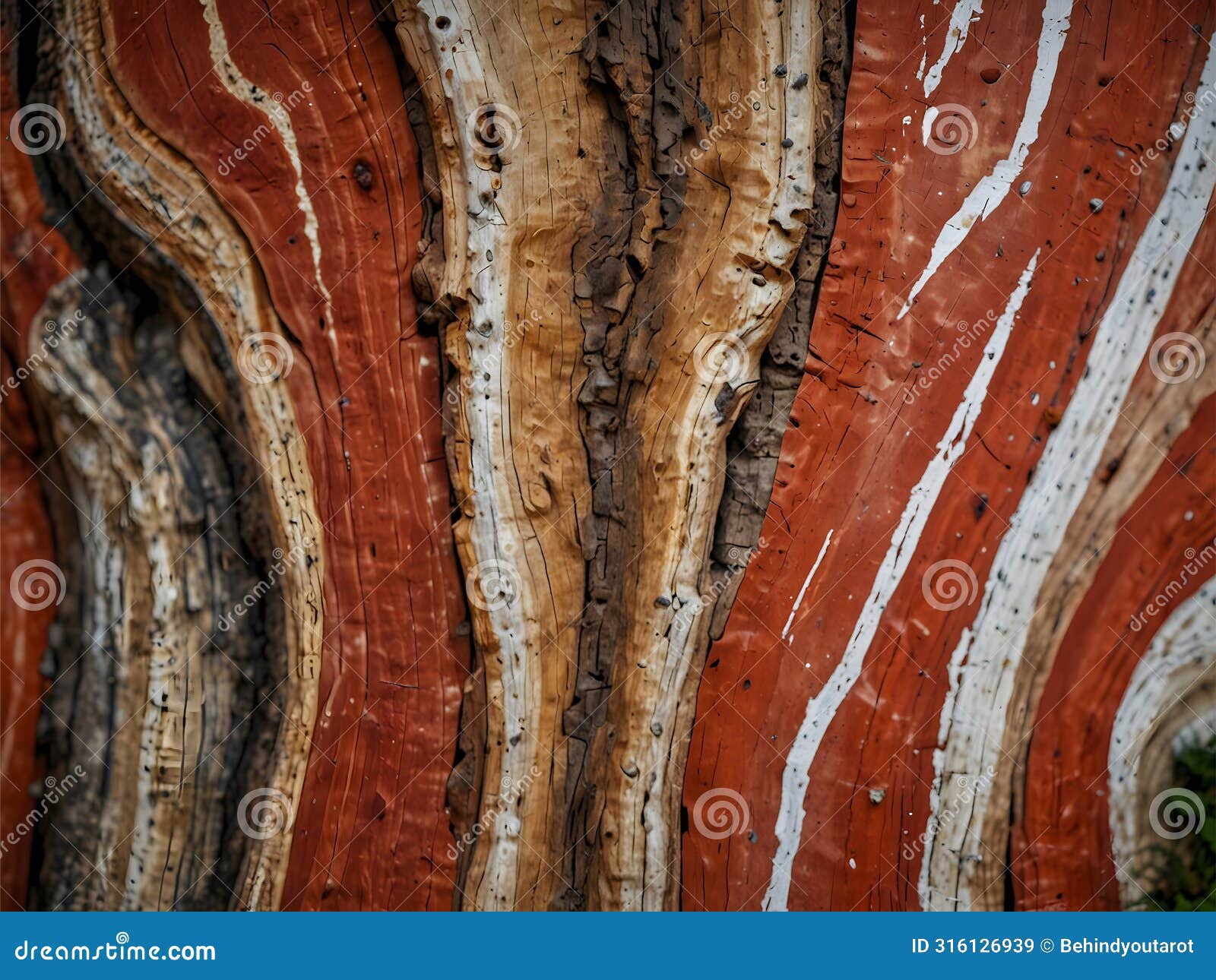 Abstract Close-up of a Tree Trunk with Painted Red and White Stripes ...