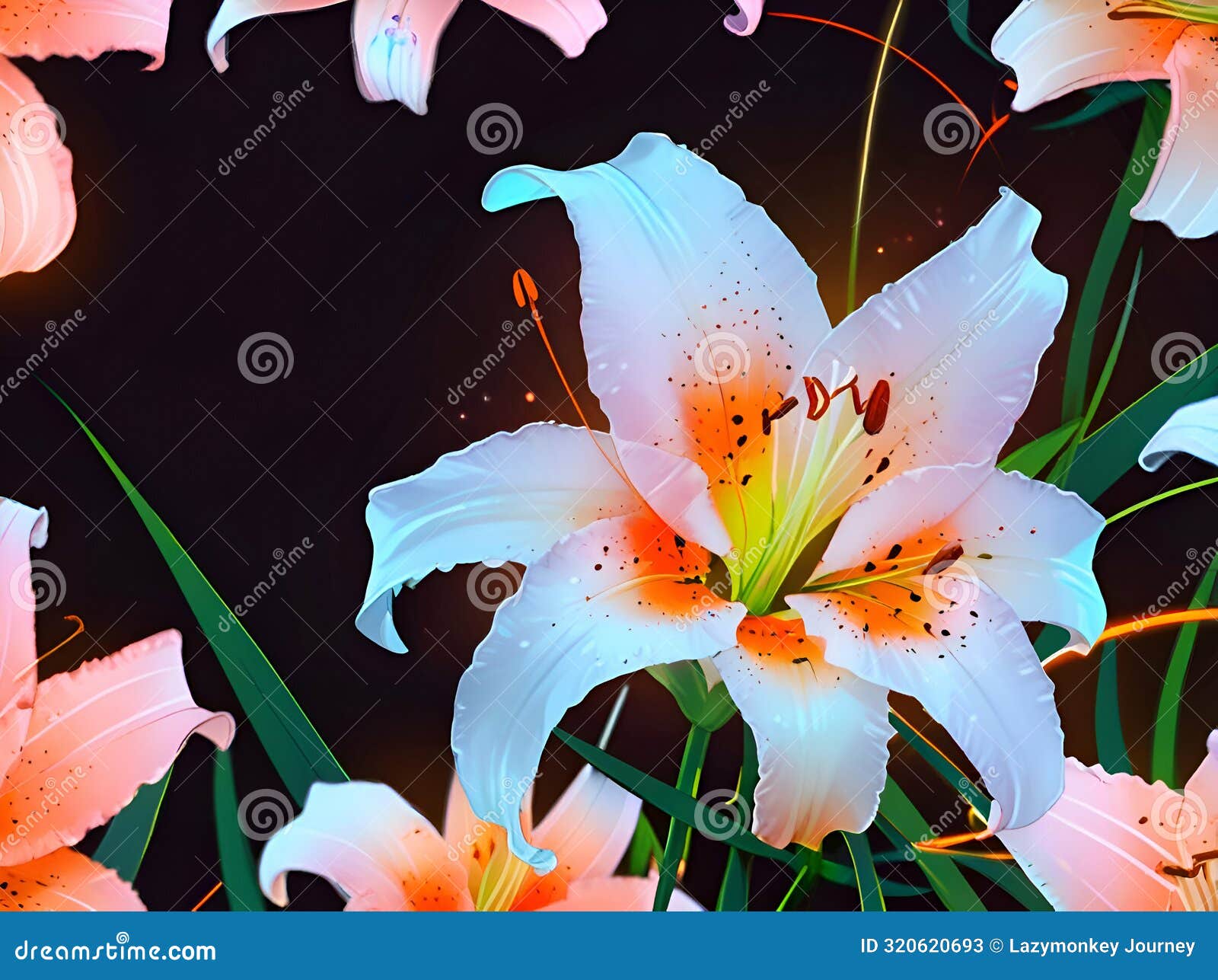 Abstract Closeup Fresh White Lily Flower Bright Neon Light Stock ...