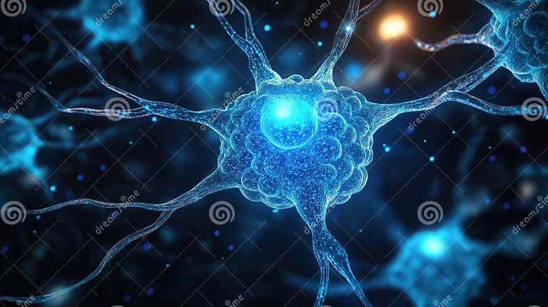 Abstract Closeup View of Glowing Neuron Cells. Complex Nervous System ...