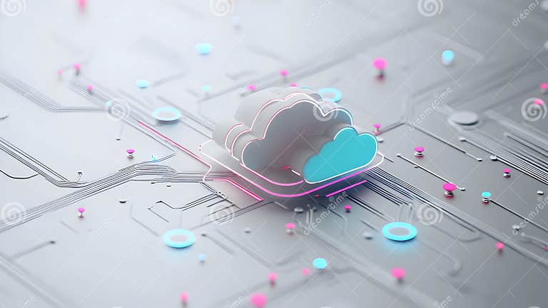 Abstract Cloud Computing Concept with White Clouds and Digital Circuit Connections on a ...