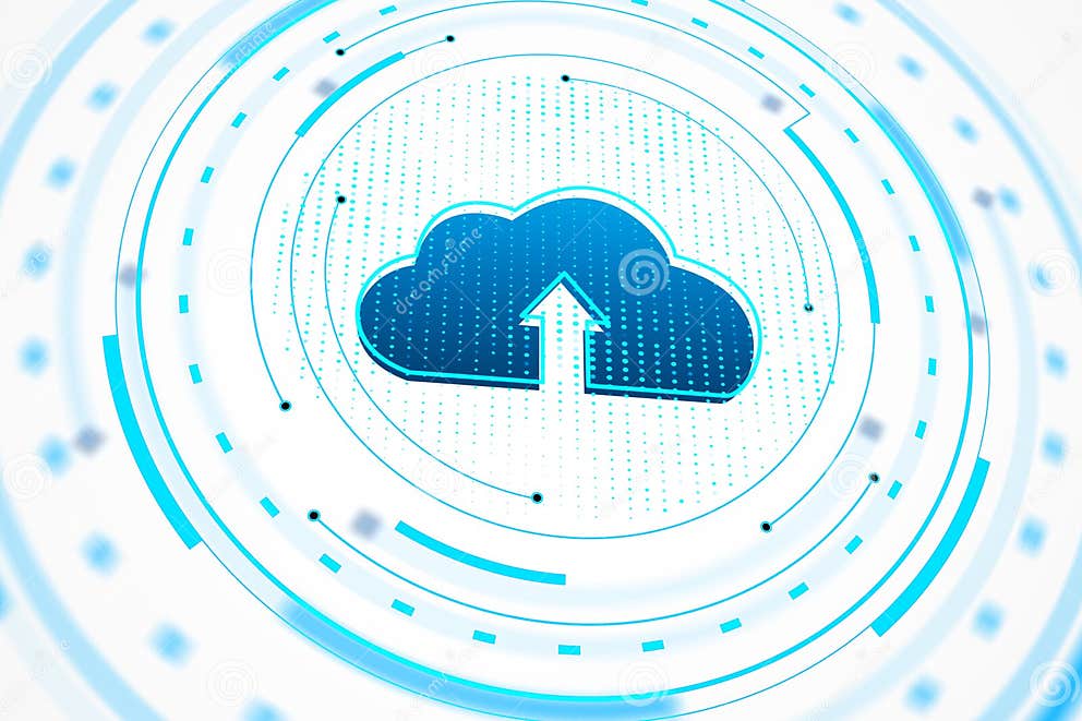 Abstract Cloud Computing Icon with Upload Sign on Tech-themed Background. 3D Rendering Stock ...