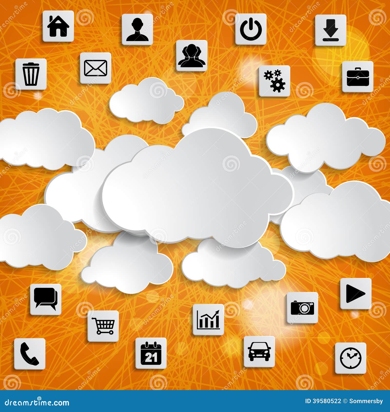 Abstract Cloud Computing with Media Icons on a Striped Orange Ba Stock ...