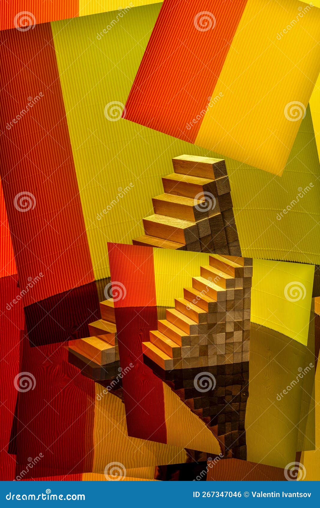 Abstract Collage with a Geometric Pyramid Figure on a Colored ...