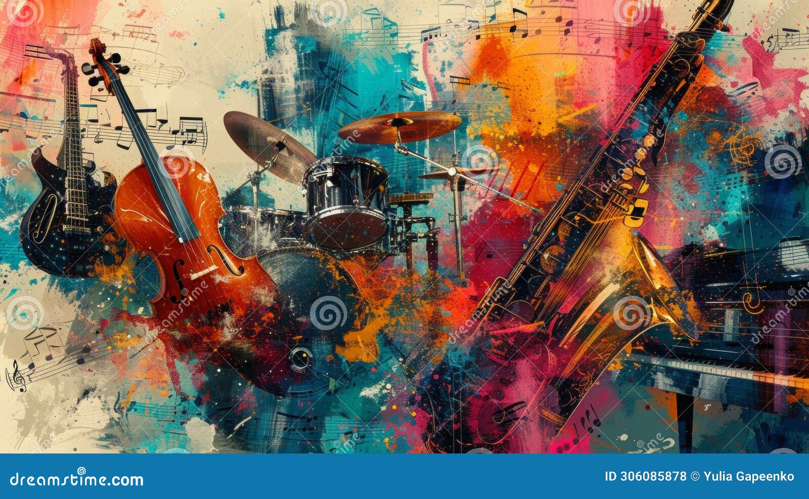 An Abstract Collage of Musical Notes and Instruments. Stock Photo ...