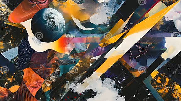 Abstract Collage with a Single Floating Sphere Stock Illustration ...