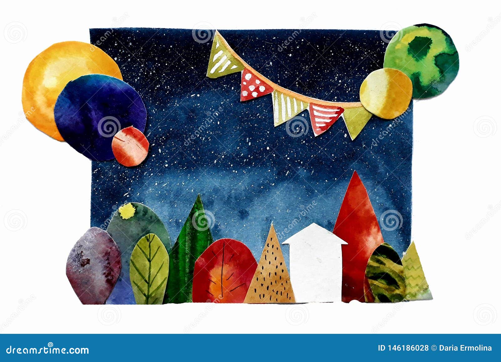Abstract Collage with Trees House and Planets Stock Illustration ...
