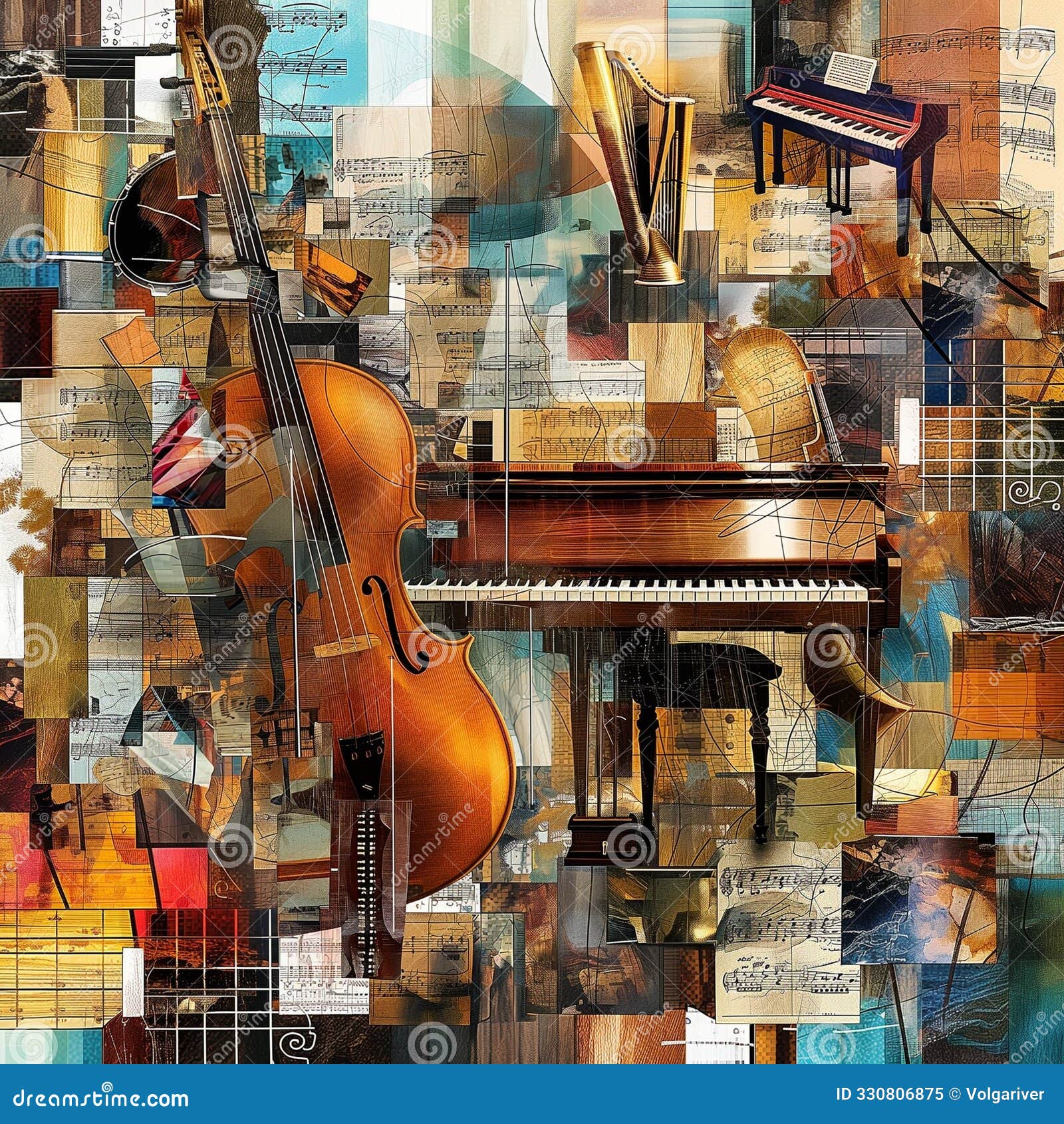 Abstract Collage of Vibrant Cutout Images of Musical Instruments and ...