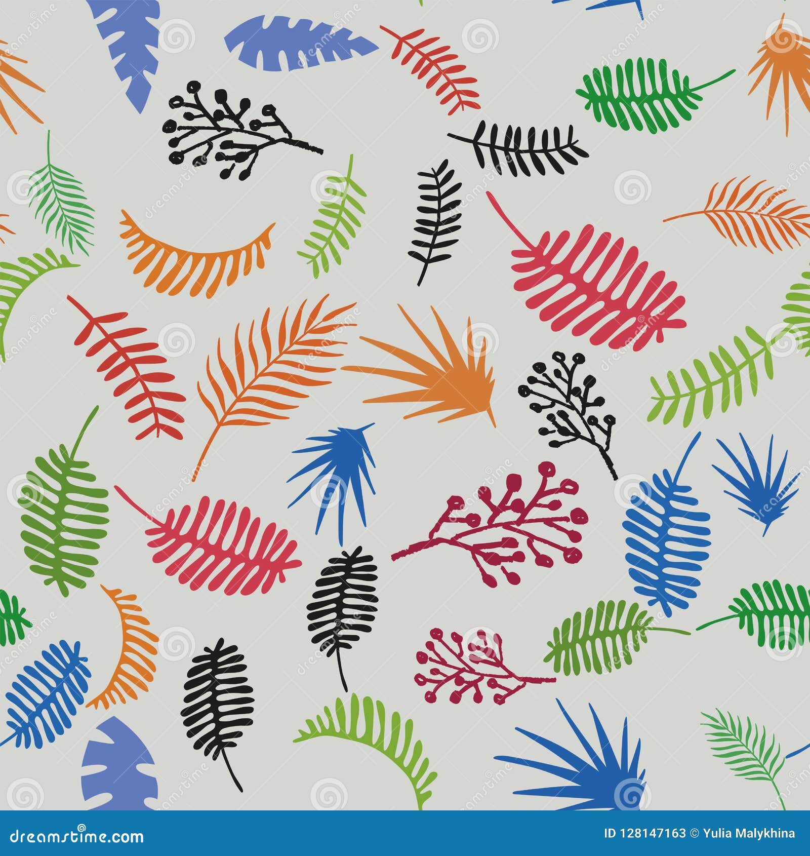 Abstract Color Hand Drawn Leaves Grey Background Stock Vector ...