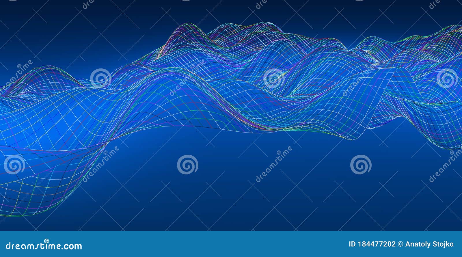 Abstract Color Wavy Wireframe Grid on Blue Background. Technology or ...