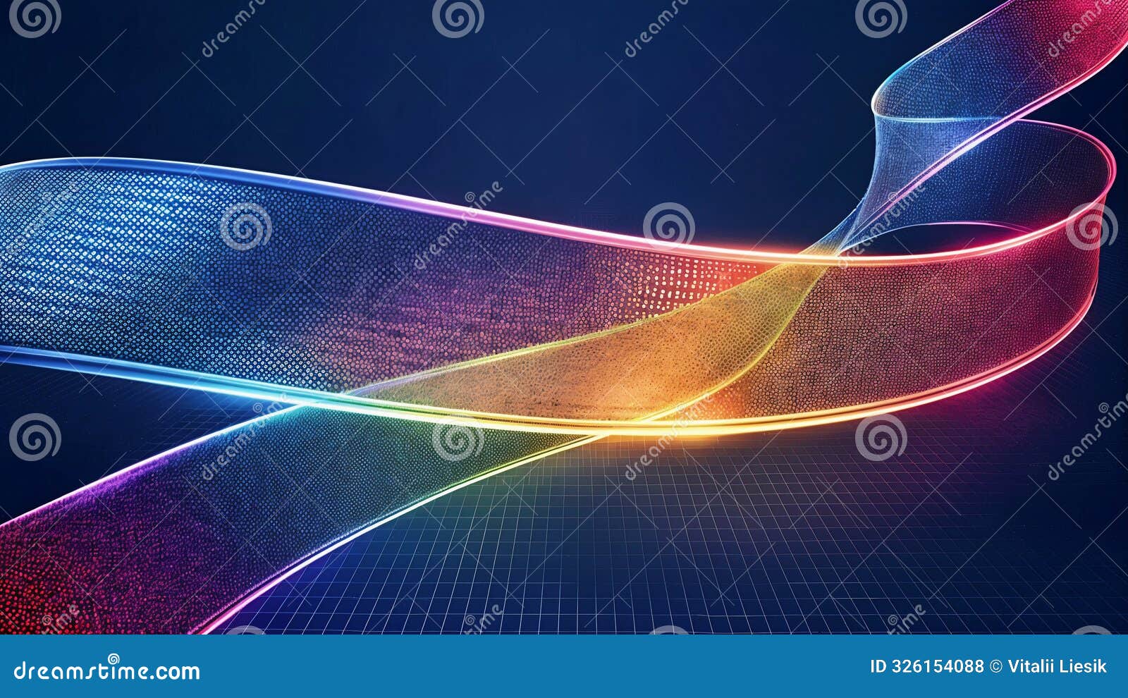 Abstract Colored Curved Ribbons on a Dark Blue Background with Light ...